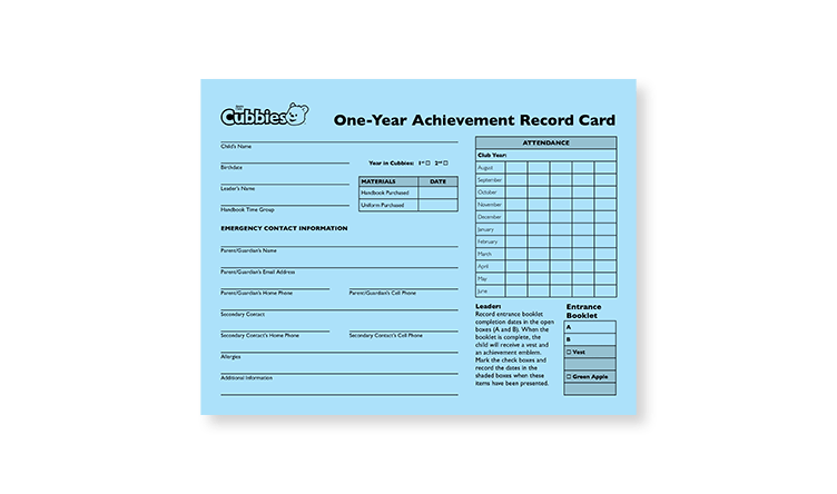 Awana Cubbies One-Year Achievement Record Card 2021 - Awana Basics